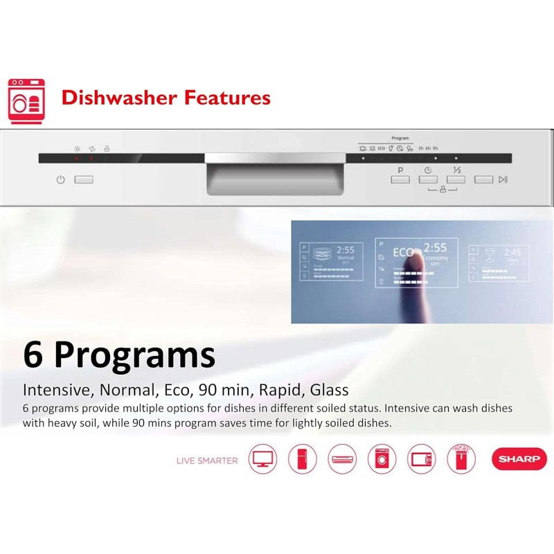 Shop Sharp 12 Place Settings, 6 Programs Free Standing Dishwasher - QW-MB612-SS3 in Kuwait ...